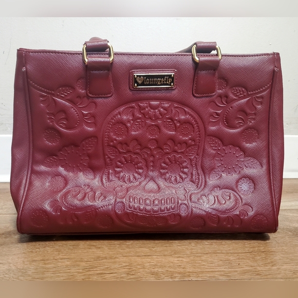 Loungefly | Bags | Loungefly Maroon Lattice Sugar Skull Tote Bag | Poshmark
